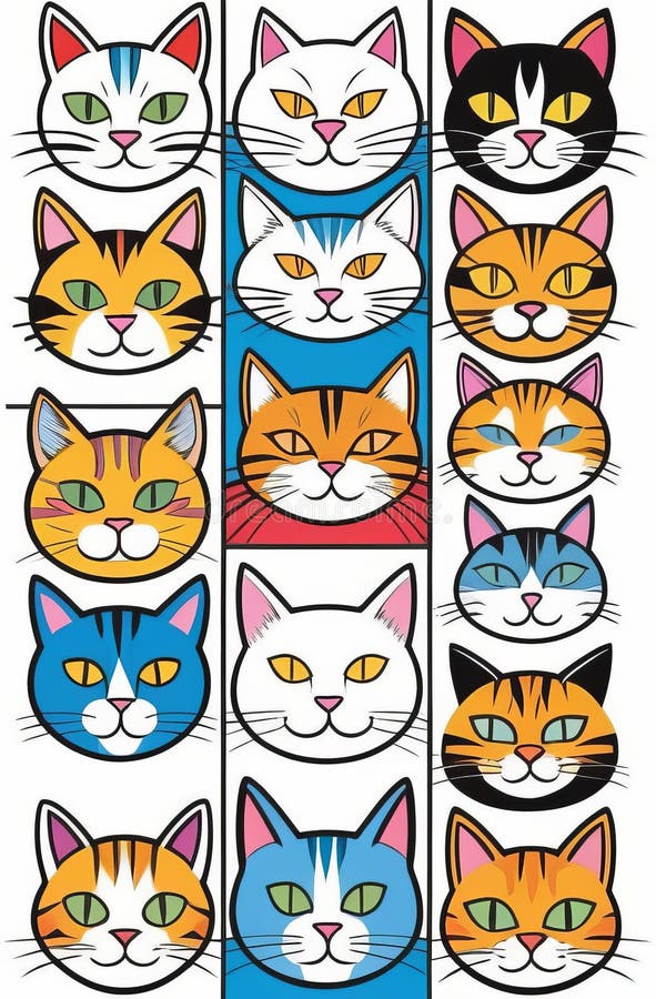 A Vibrant Cartoon Cat Faces with Expressive Features Stock Image ...