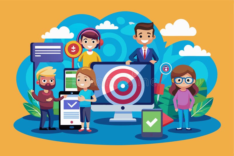 A Vibrant Cartoon Depicts Characters Using Various Devices for Targeted ...