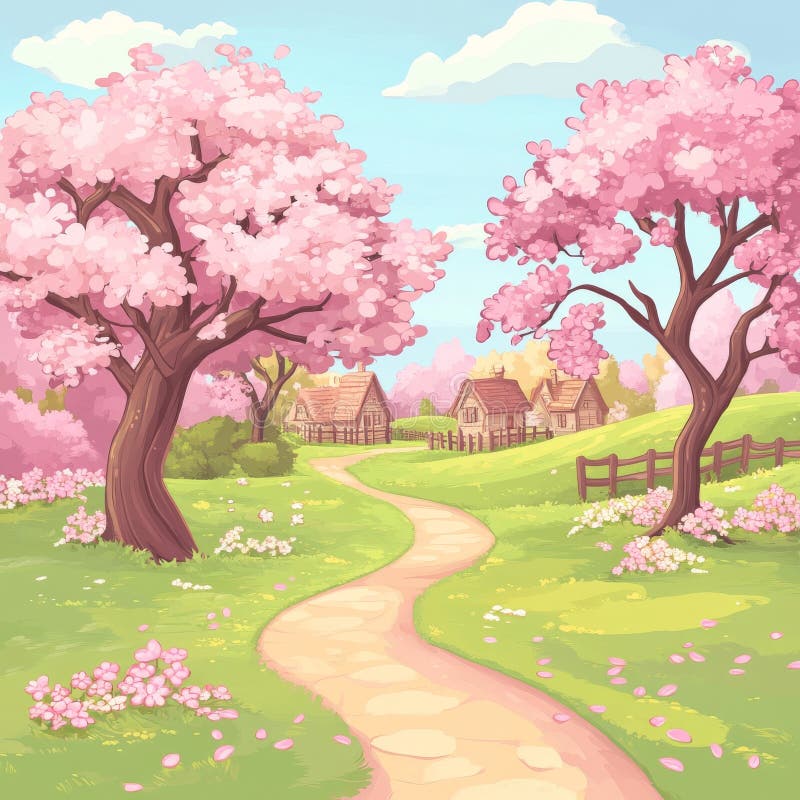 A Vibrant Cartoon Drawing of a Spring Village Featuring a Winding Road ...