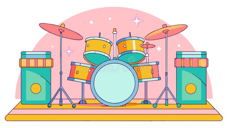 Vibrant Cartoon Drum Set Illustration on Stage Background Stock Photo ...
