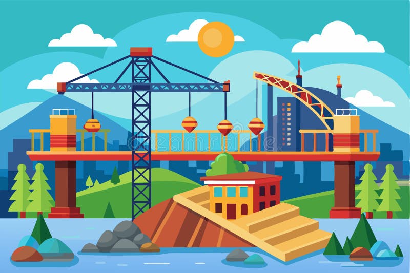 A Vibrant Cartoon Illustration Depicts a Bridge Under Construction ...