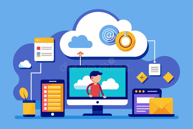 A Vibrant Cartoon Illustration Depicts Cloud Sync Technology Connecting ...