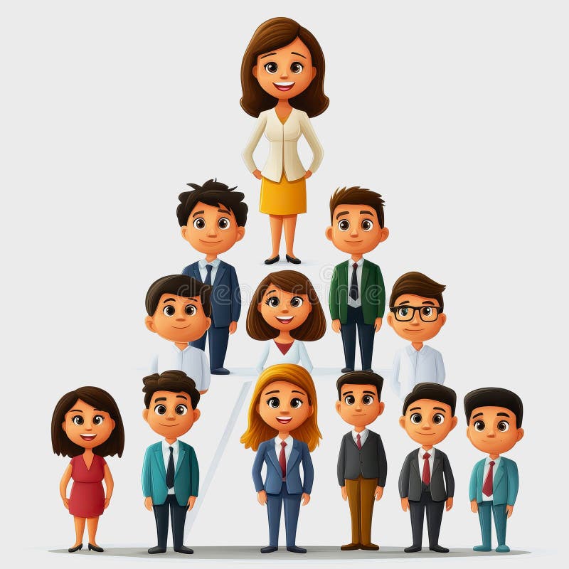 Cartoon Illustration of Diverse Business Team with a Woman at the Top ...