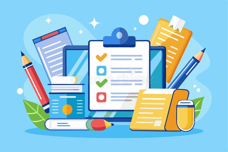 A Vibrant Cartoon Illustration Featuring Documents, Stationery, and a ...