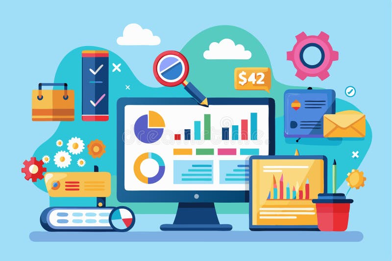 A Vibrant Cartoon Illustration Showcases a Customizable Analytics Setup ...