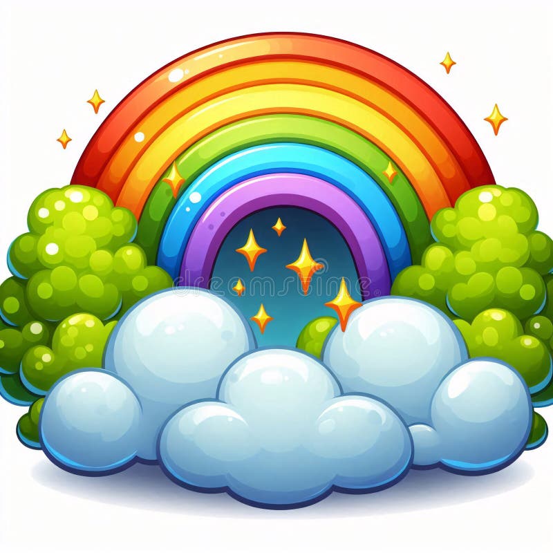 Vibrant Cartoon Landscape with Rainbow, Sun, and Mountains Stock ...