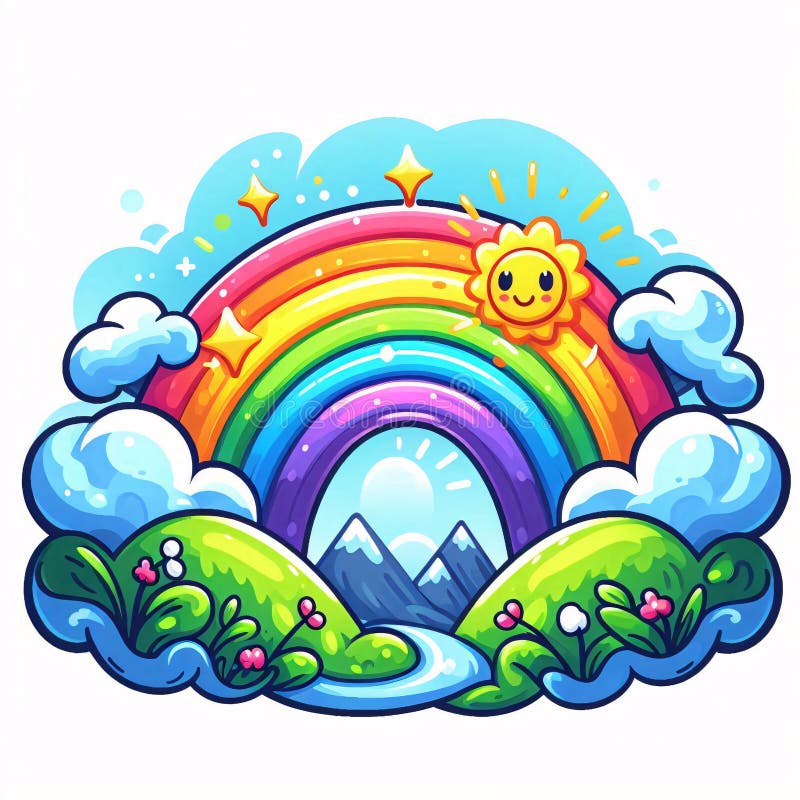 Vibrant Cartoon Landscape with Rainbow, Sun, and Mountains Stock ...