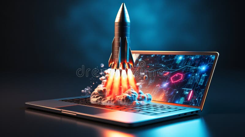 Vibrant Cartoon Rocket Bursting Out of the Laptop Screen Against a ...