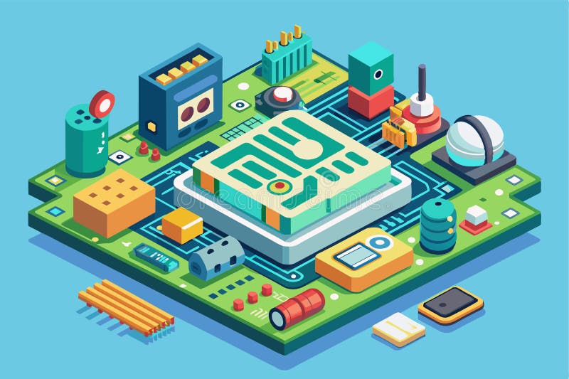 A Vibrant Cartoon-style Depiction of a Printed Circuit Board Surrounded ...