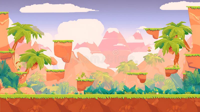 A Vibrant, Cartoon-style Desert Landscape Reminiscent of a Side-scrolling Video Stock ...