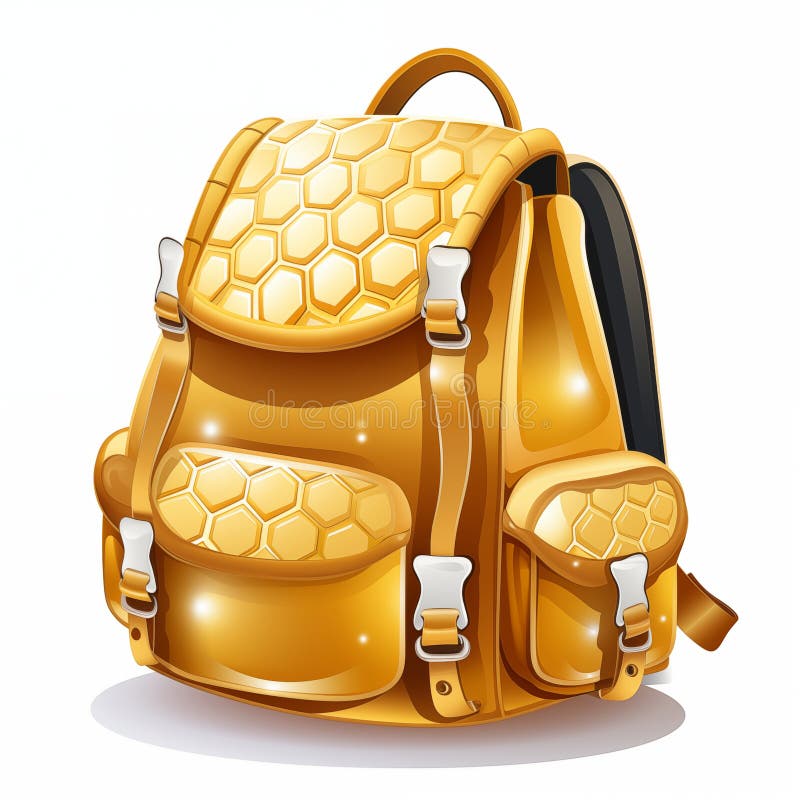 A Vibrant Cartoon-style Golden Backpack with a Honeycomb Pattern and ...