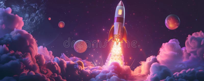 Cartoon Style Rocket Ship Launching into Space with Planets in the ...