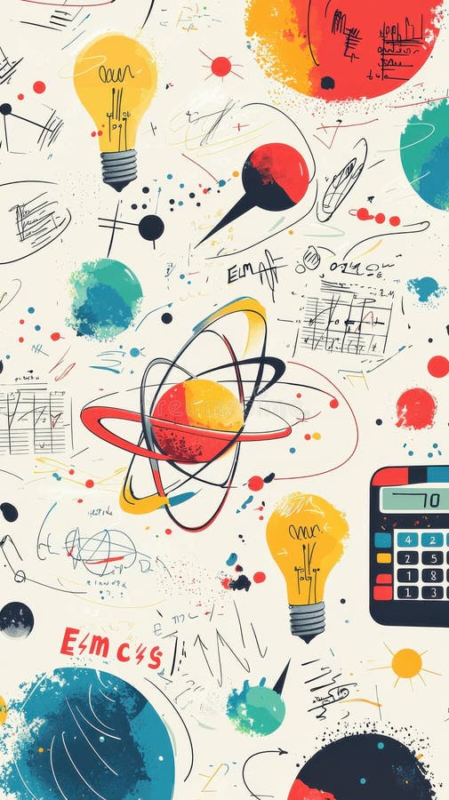 Cartoon-style Pattern with Light Bulbs, Atom Symbols, and Mathematical ...