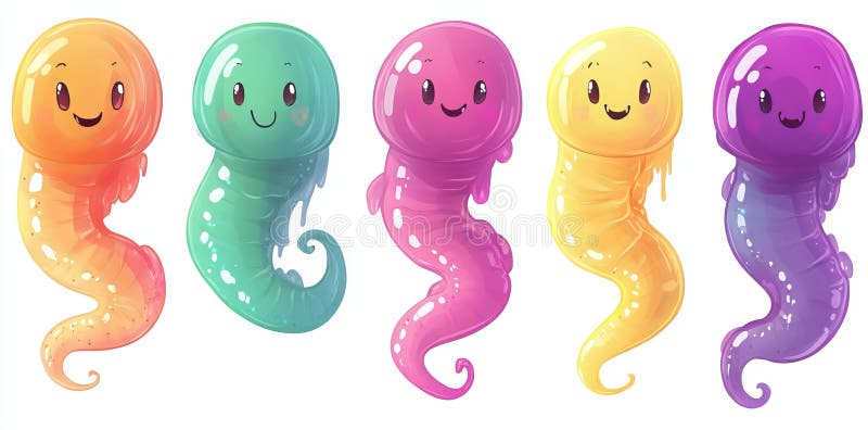 Vibrant Cartoon Worms with Bear Faces are Playfully Lined Up on a White ...