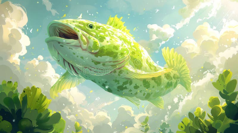 Giant Green Fish Soaring through Dreamlike Cloudscape Stock ...
