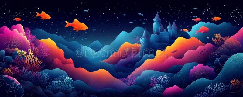A Vibrant Castle Beneath the Waves, Surrounded by an Array of Fish and ...