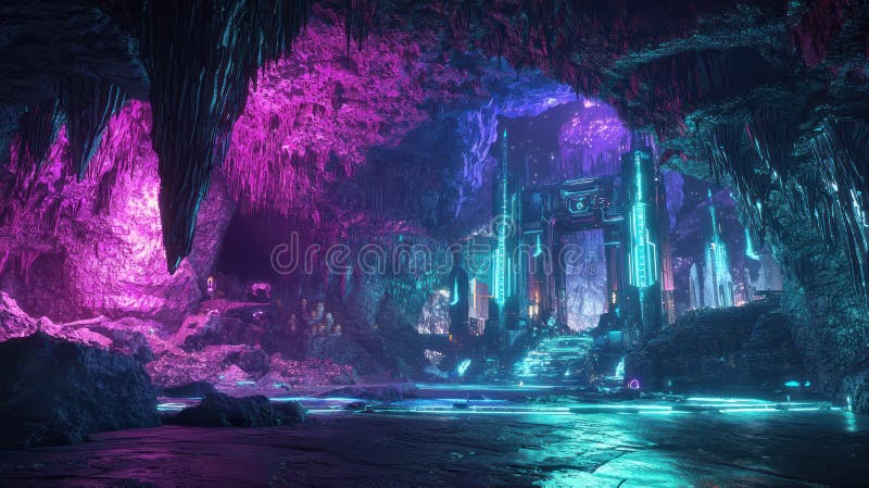Vibrant Cave Interior with Advanced Building Stock Image - Image of ...