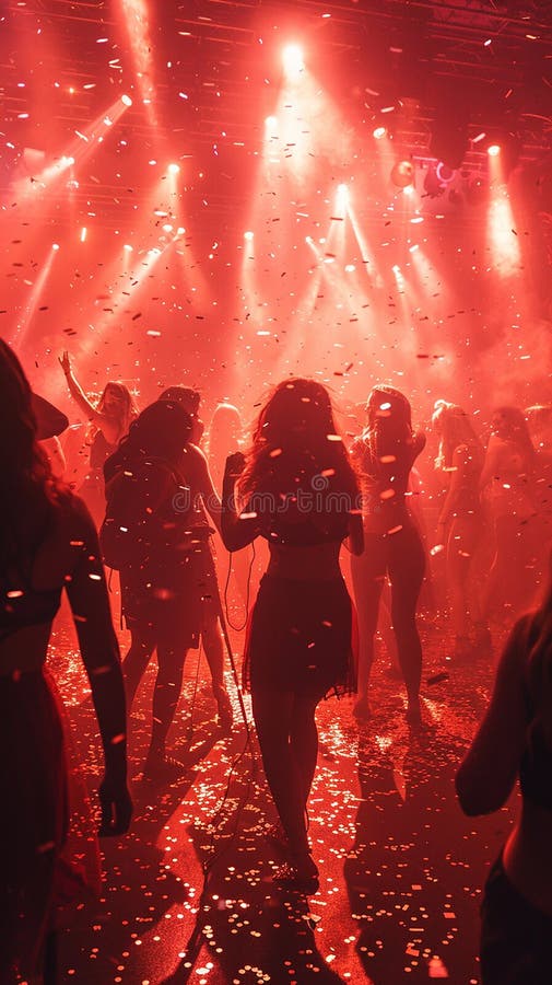 Vibrant Celebration Dancing Silhouettes Under Red Lights Stock Photo ...