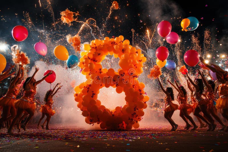 Vibrant Celebration with Orange Balloons and Fireworks at Night Stock ...