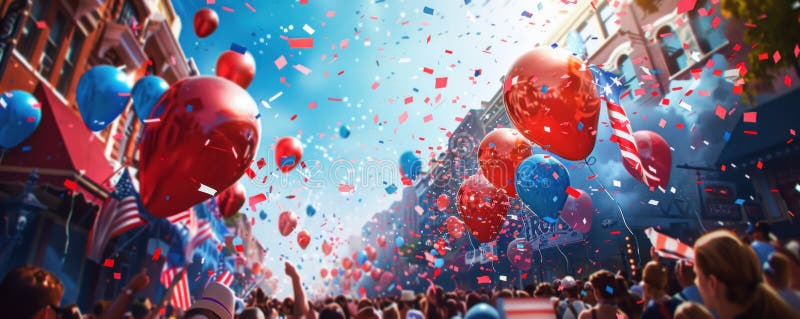 A Vibrant Celebration with Red and Blue Balloons Floating in the Air ...
