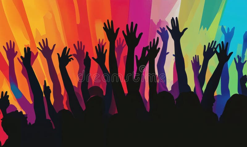 Vibrant Celebration Unity Joy Raised Hands Silhouettes Against Colorful ...