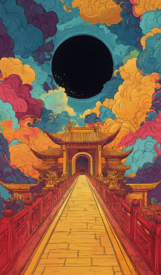 Vibrant Celestial Scene with Ancient Architecture Under a Dramatic Sky ...