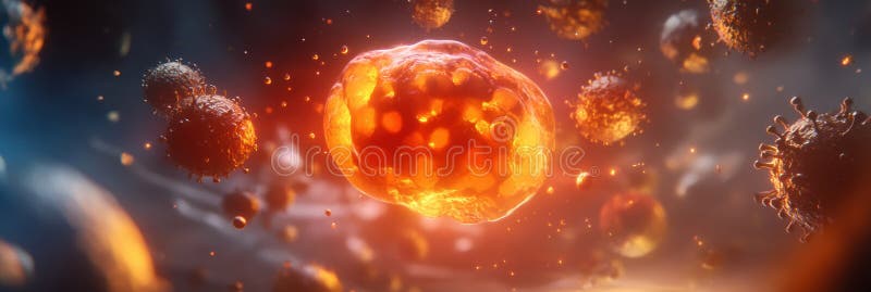 Glowing Cell Illuminated Amidst a Swarm of Menacing Viruses in a Dark ...