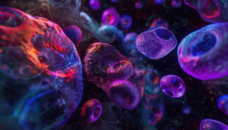 Colorful Microscopic View of Cells in a Dark Environment Showcasing ...