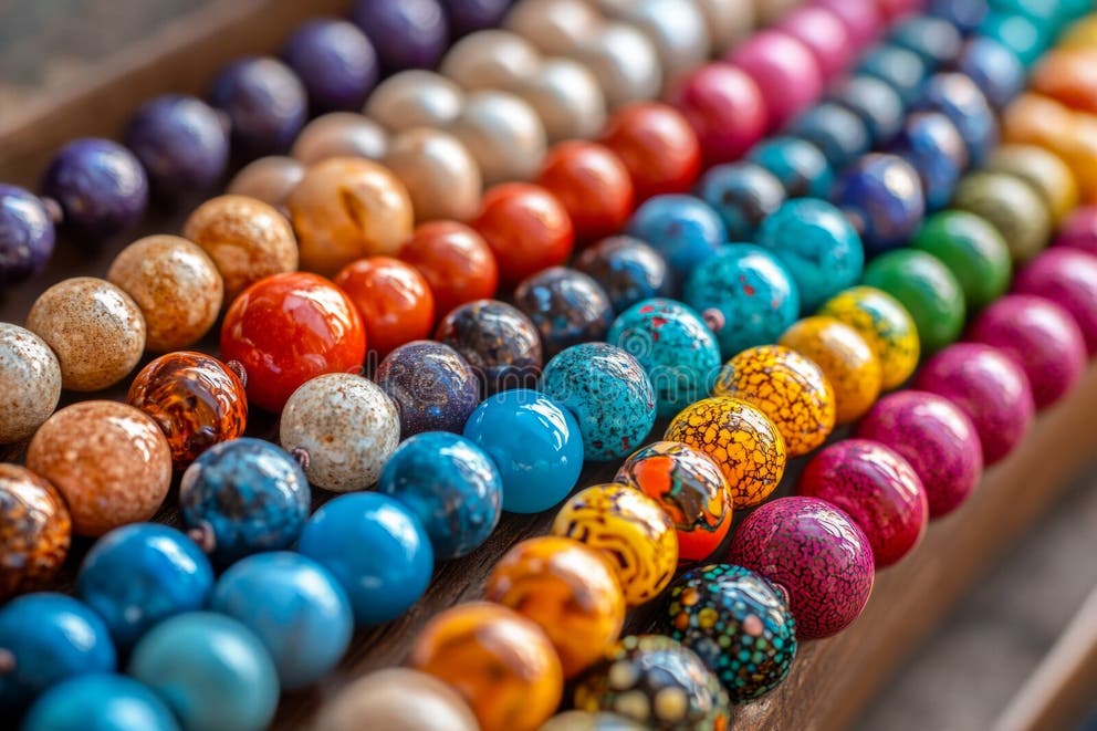 Vibrant Ceramic Beads Arranged in Rows, Showcasing a Spectrum of Colors ...