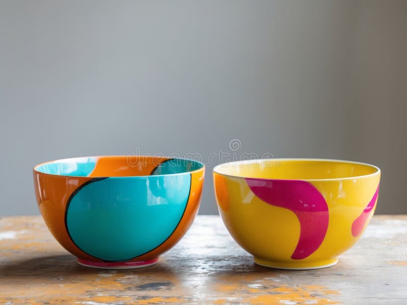 Vibrant Ceramic Bowls. a Play of Colors and Forms on a Rustic Wooden ...