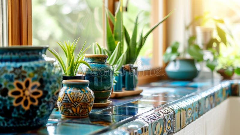Vibrant Ceramic Pots and Aloe Plants on Sunlit Window Sill Stock Image ...