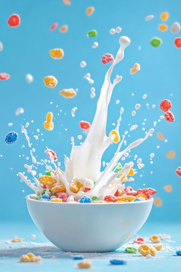 Vibrant Cereal and Milk Splash in White Bowl on Blue Background Stock ...