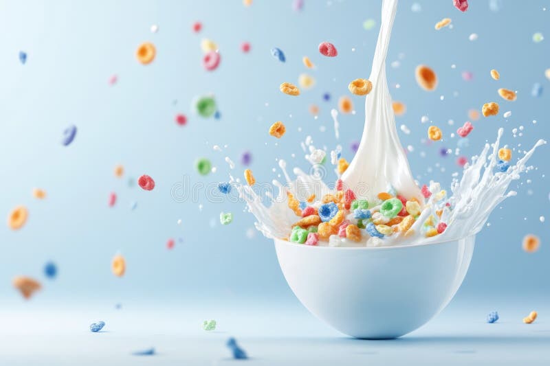 Vibrant Cereal and Milk Splash in White Bowl on Blue Background Stock ...