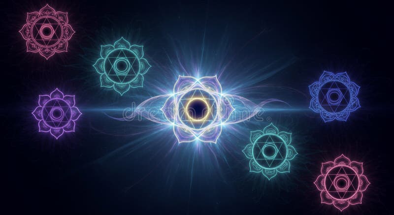 Vibrant Chakra Symbols Glowing in Cosmic Space Stock Illustration ...