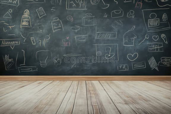 Vibrant Chalkboard with Artistic Drawings Set Against a Studio Backdrop ...