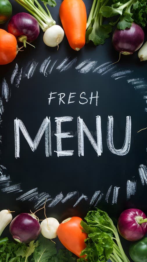 Vibrant Chalkboard Menu Surrounded by Fresh Vegetables, Used in Lively ...