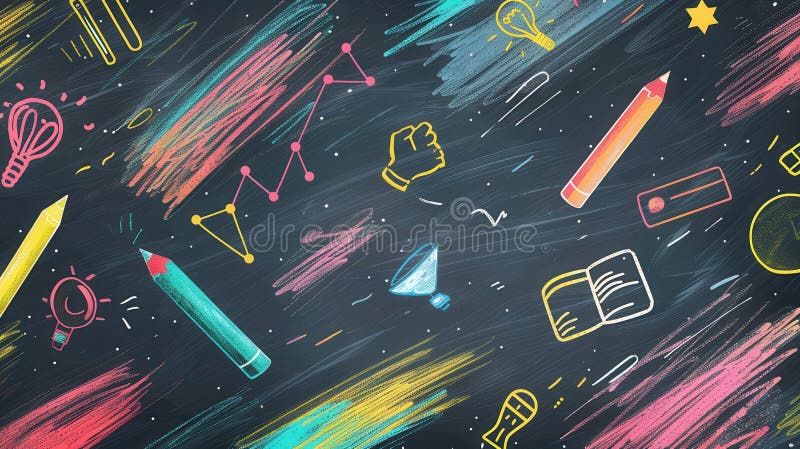 A Vibrant Chalkboard Showcases Colorful Drawings of Classroom Items ...