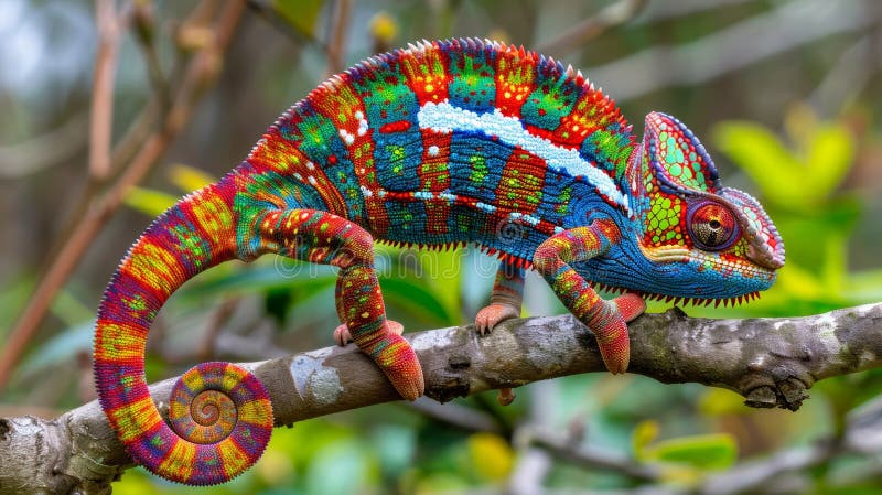 Vibrant Chameleon Displaying Colors Perched on a Tree Branch in Close ...