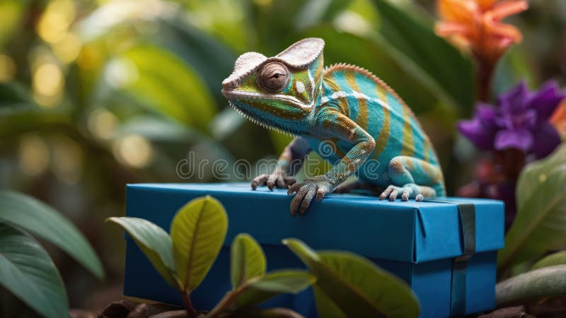Vibrant Chameleon on Blue Gift Box in Lush Tropical Setting Stock ...