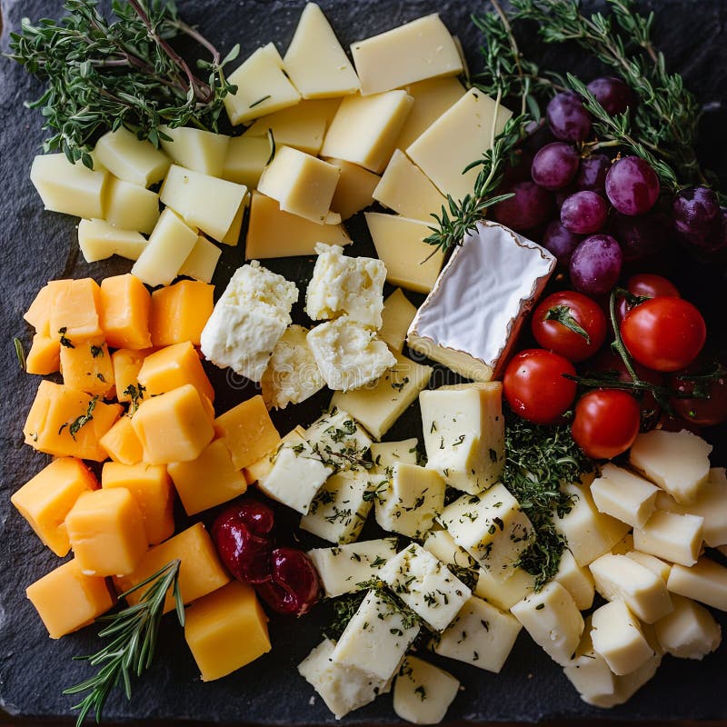 Vibrant Cheese Board with Assorted Cheese Cubes, Grapes, and Herbs ...