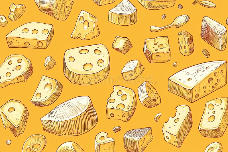 Vibrant Cheese Pattern Featuring Various Cheese Types and Shapes Stock ...
