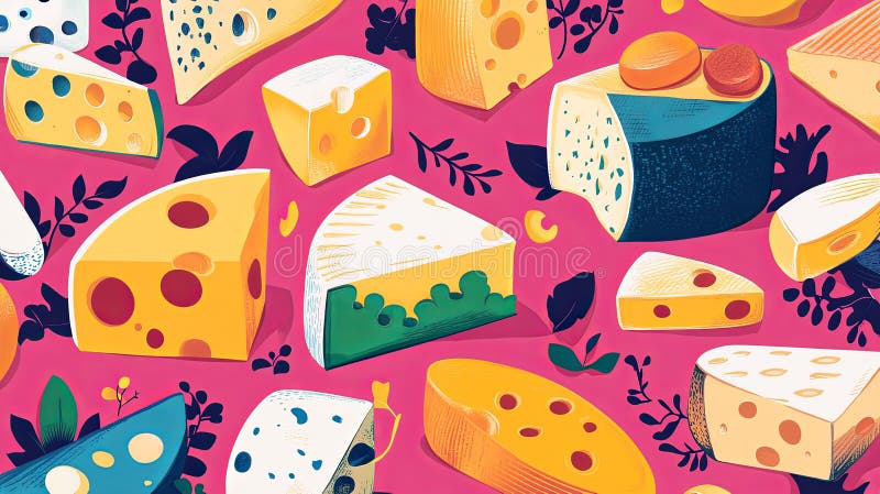 Vibrant Cheese Pattern with Various Cheese Types and Colorful Accents ...