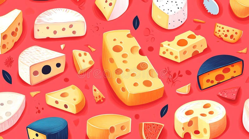 Vibrant Cheese Pattern with Various Types of Cheese on Red Background ...
