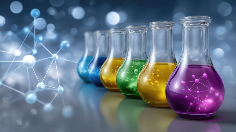 Vibrant Chemical Liquids in Glass Laboratory Flasks Displaying ...