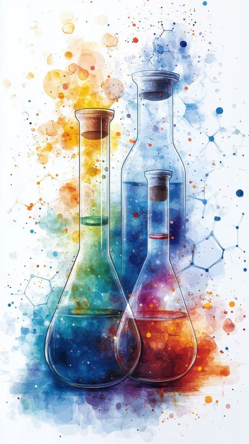 Vibrant Chemistry Art with Colorful Laboratory Flasks and Molecular ...
