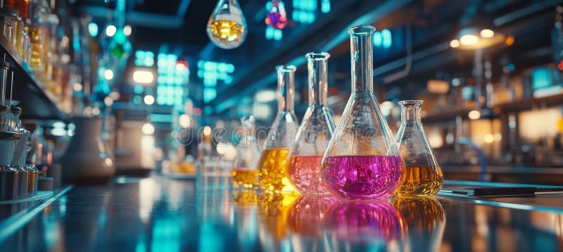 Vibrant Chemistry Lab Flasks and Beakers with Colorful Solutions on ...