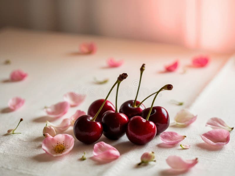 Vibrant Cherries Surrounded by Delicate Petals Glowing in Soft Pink ...