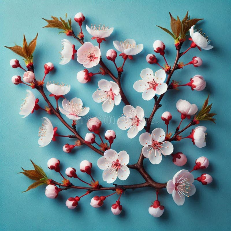 Vibrant Cherry Blossom Branch on Soft Blue Background Close Up. Sakura ...