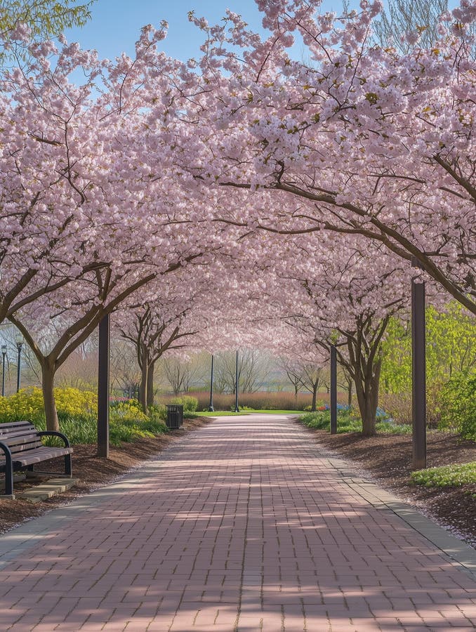 Vibrant Cherry Blossoms Create a Stunning Pink Canopy Over Paved ...