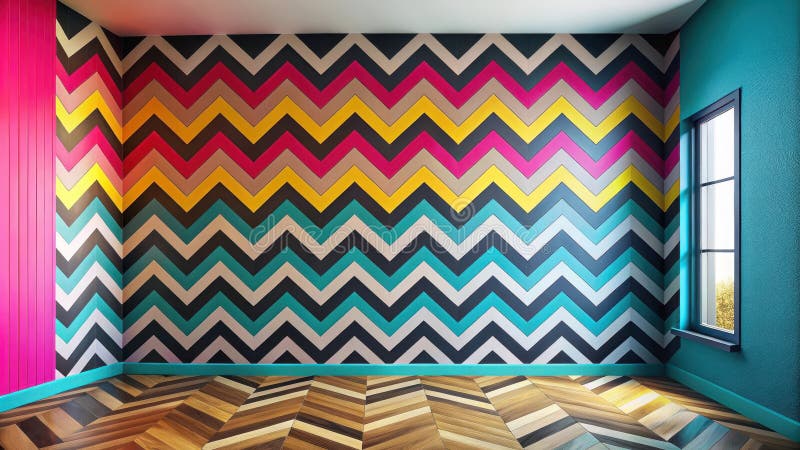 Vibrant Chevron Patterned Room Interior Design with Wooden Flooring ...